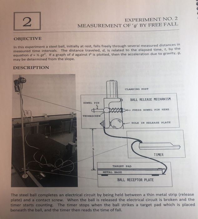 Solved 2 EXPERIMENT NO. 2 MEASUREMENT OF'g' BY FREE FALL | Chegg.com