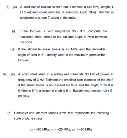 Solved (7). (a). A solid bar of circular section has | Chegg.com