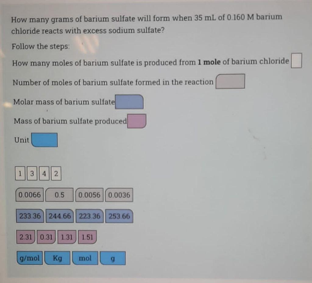 Solved How many grams of barium sulfate will form when 35 mL | Chegg.com