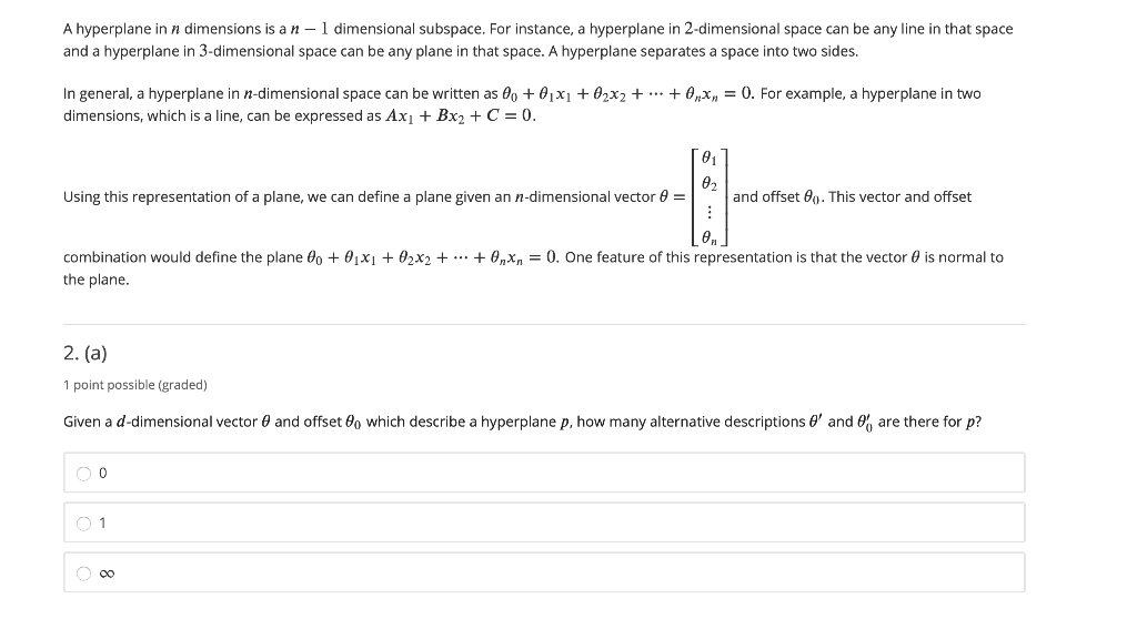 Solved A hyperplane in n dimensions is a n - 1 dimensional | Chegg.com