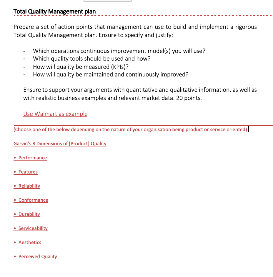 Solved Total Quality Management plan Prepare a set of action | Chegg.com