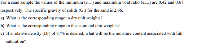 Solved For a sand sample the values of the minimum (emin) | Chegg.com