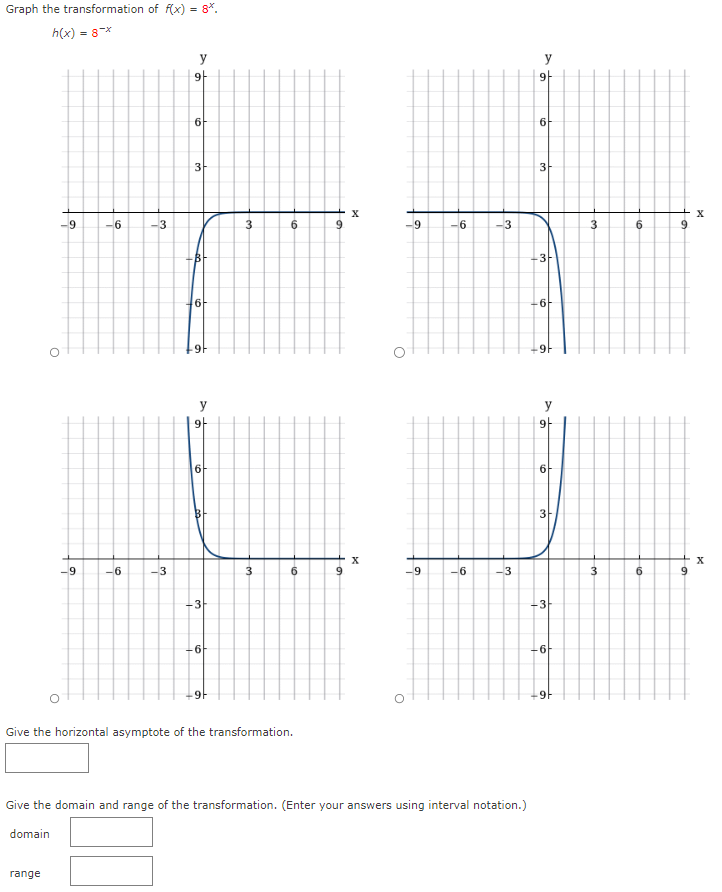 Solved Graph the transformation of f(x)=8x. h(x)=8−x Give | Chegg.com