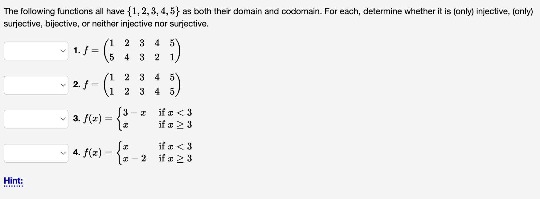Solved The following functions all have {1,2,3,4,5} as both | Chegg.com