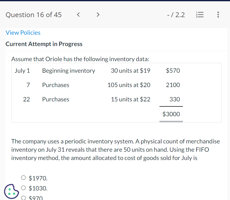Solved Assume that Oriole has the following inventory data: | Chegg.com