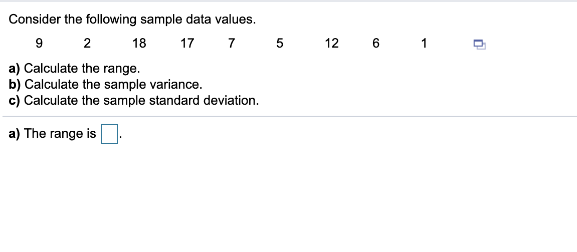 Solved 5 12 6 1 Consider the following sample data values. 9 | Chegg.com
