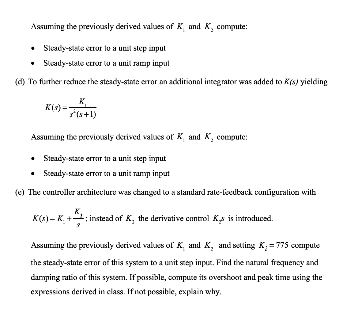 Solved Only part d, e. For K1 = 69.75 and K2 = | Chegg.com