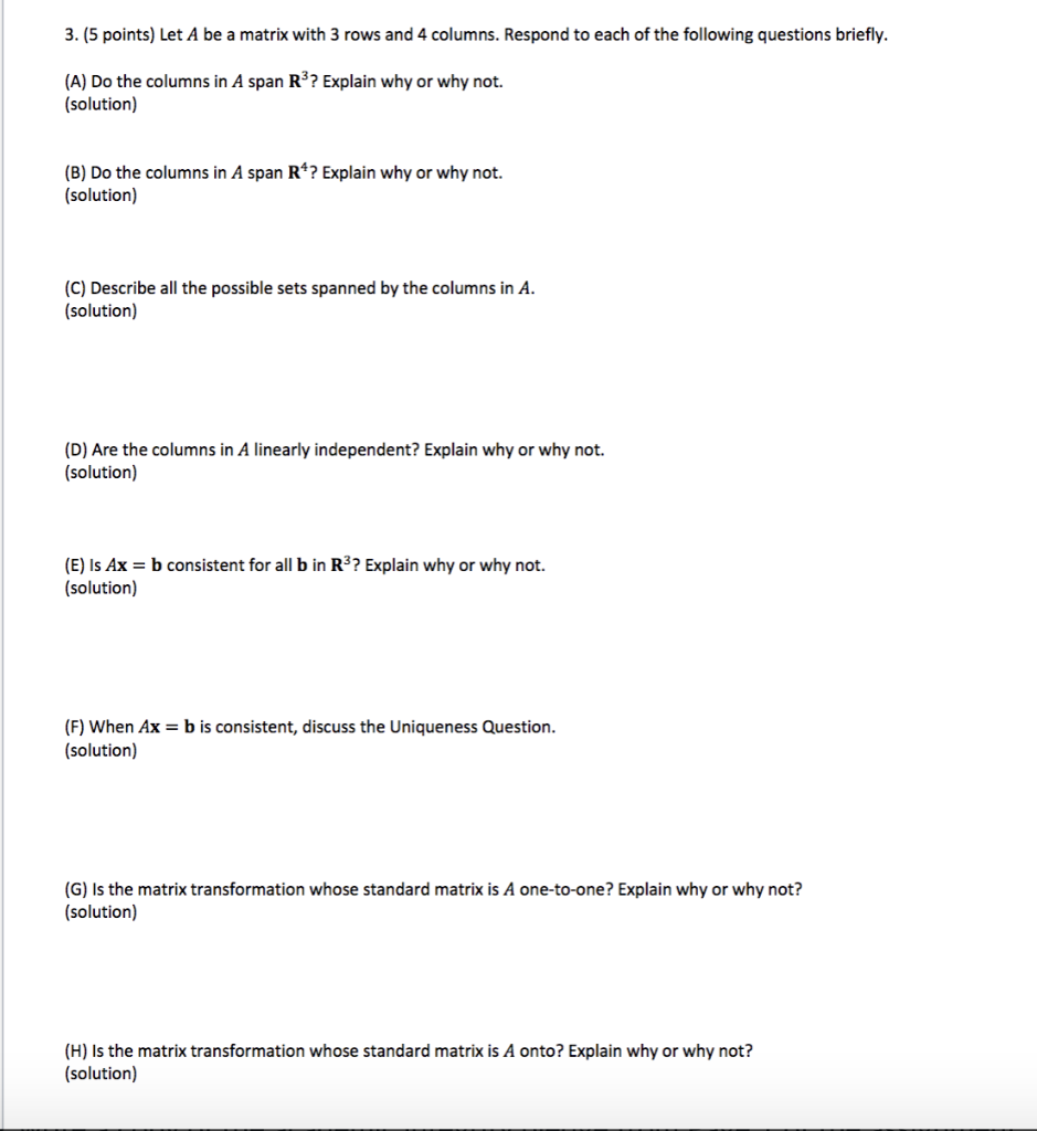 Solved 3. (5 points) Let A be a matrix with 3 rows and 4 | Chegg.com