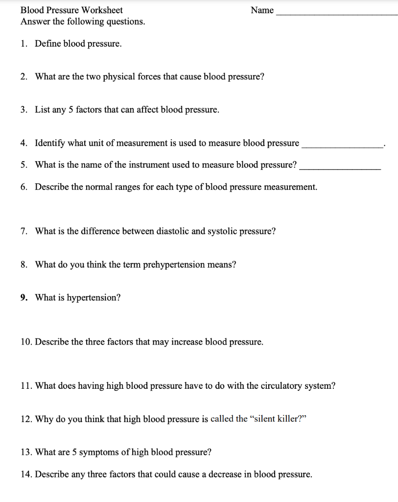 Solved Name Blood Pressure Worksheet Answer the following | Chegg.com