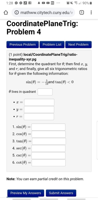 Solved mathww.citytech.cuny.edu/: CoordinatePlane Trig: | Chegg.com