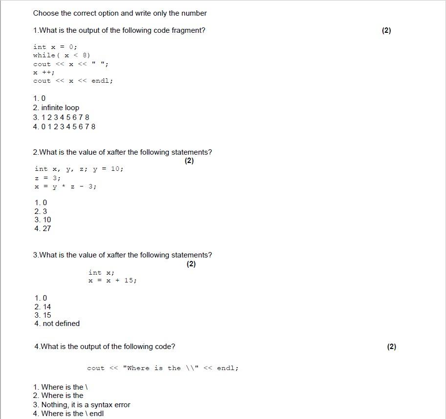 Solved Choose the correct option and write only the number | Chegg.com