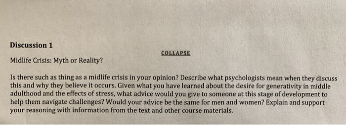 Solved Discussion 1 COLLAPSE Midlife Crisis: Myth or | Chegg.com