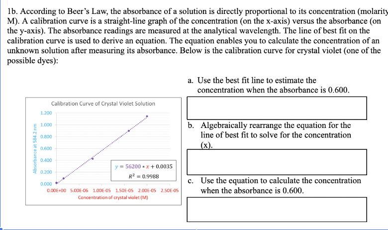 Solved 1b. According to Beer's Law, the absorbance of a | Chegg.com