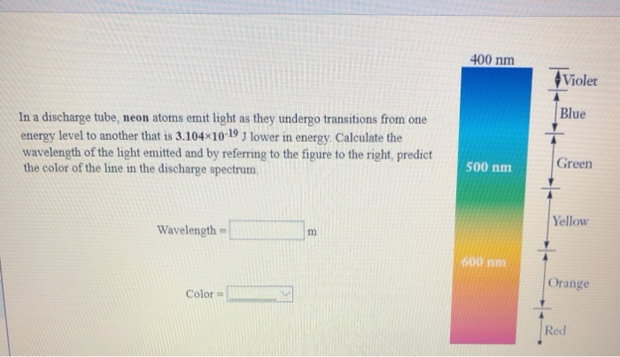 Solved 400 nm Violet Blue In a discharge tube, neon atoms | Chegg.com
