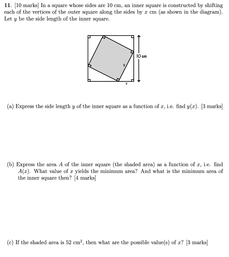 Solved 11. [10 marks] In a square whose sides are 10 cm, an | Chegg.com