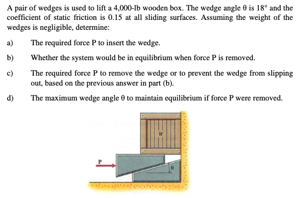 Solved A pair of wedges is used to lift a 4,000-lb wooden | Chegg.com