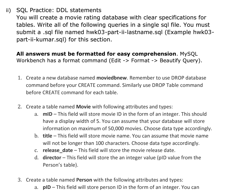 Solved ii) SQL Practice: DDL statements You will create a | Chegg.com