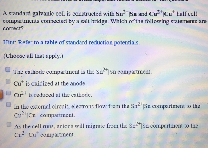 Solved A standard galvanic cell is constructed with Sn2 Sn | Chegg.com