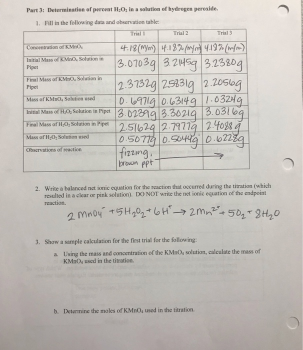 Part 3: Determination of percent H202 in a solution | Chegg.com