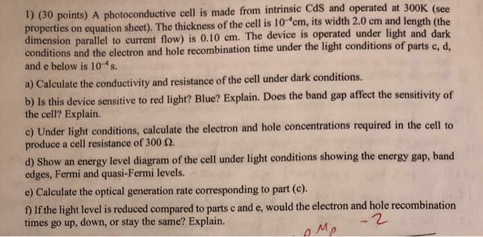 1) (30 points) A photoconductive cell is made from | Chegg.com
