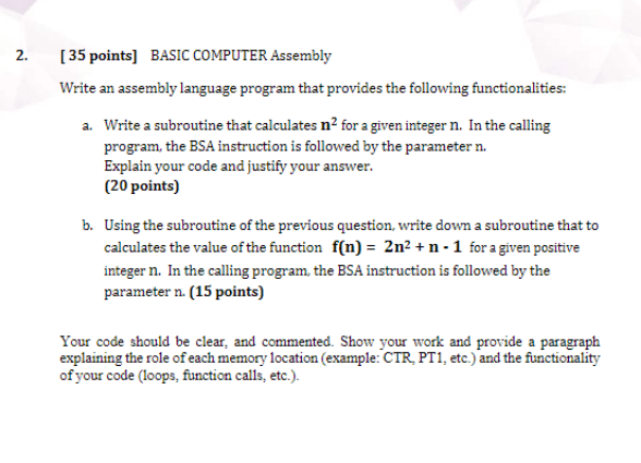 2. [ 35 points] BASIC COMPUTER Assembly Write an | Chegg.com