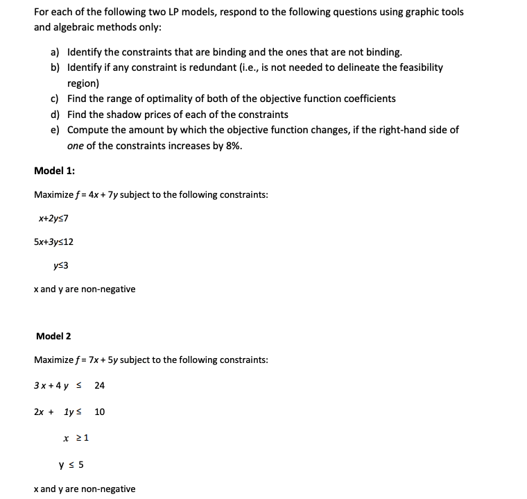 Solved For each of the following two LP models, respond to | Chegg.com