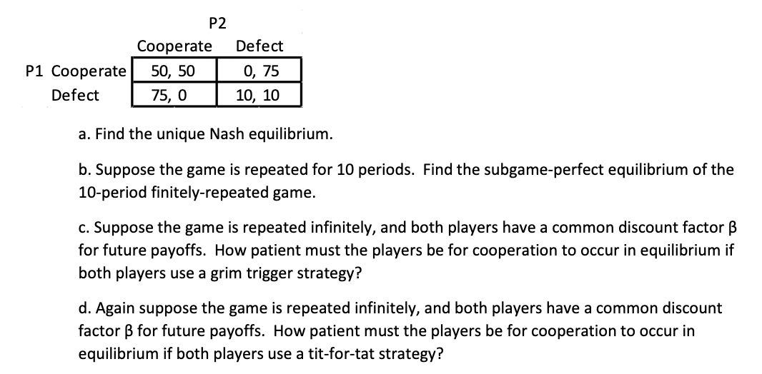 Solved P2 Cooperate Defect 50, 50 0,75 75, 0 10, 10 P1 | Chegg.com