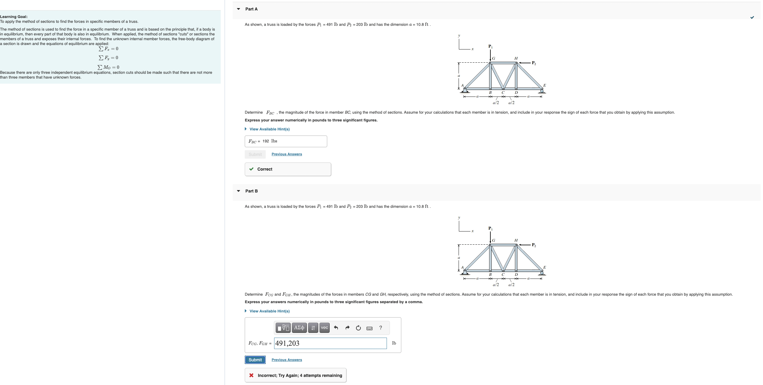 Solved Learning Goal:To apply the method of sections to find | Chegg.com