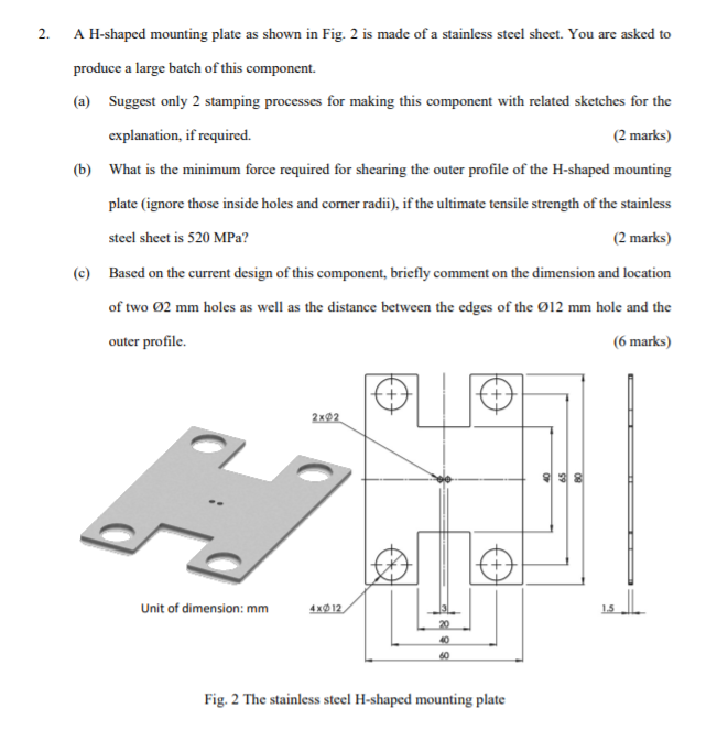 Solved 2. A H-shaped mounting plate as shown in Fig. 2 is | Chegg.com