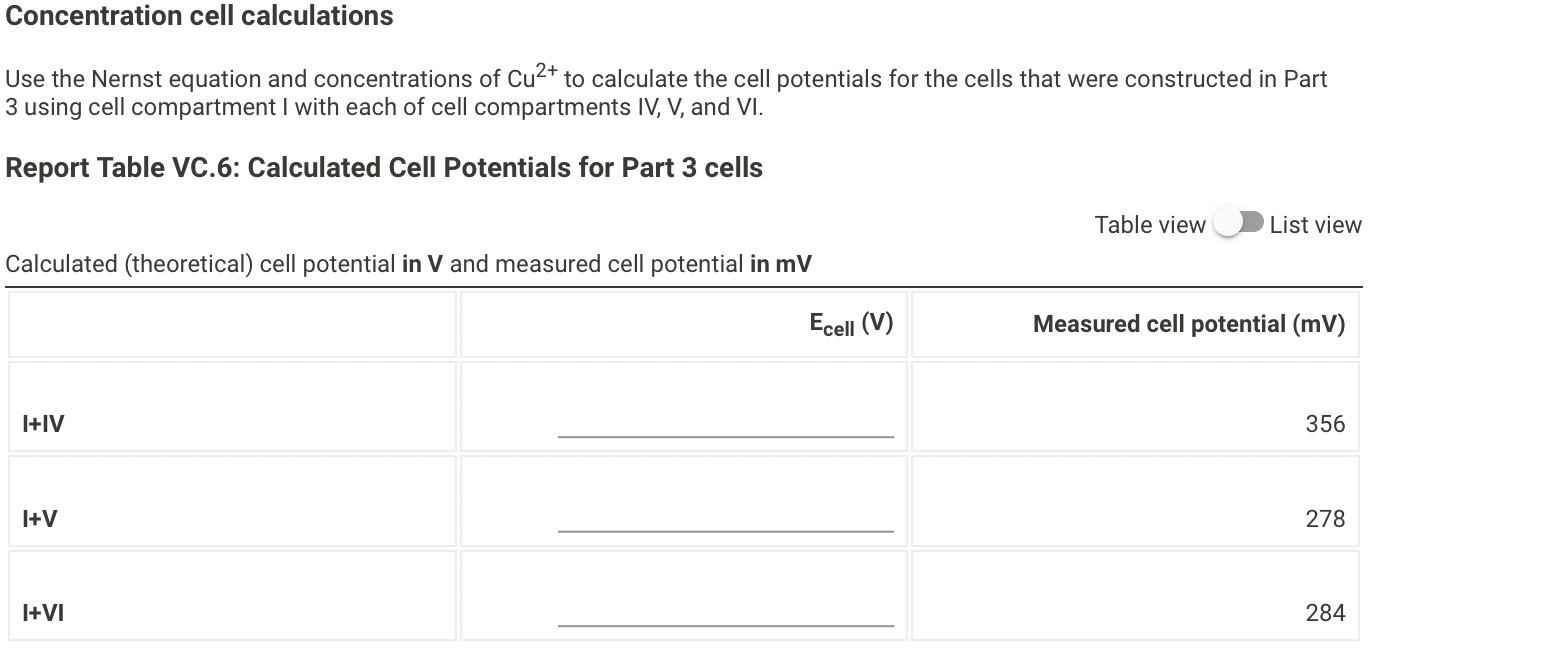 Solved Report Table VC.3: Cell Potentials for Part 3 | Chegg.com