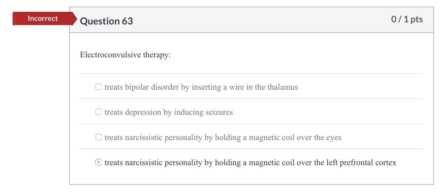 Solved Incorrect Question 63 0/1 pts Electroconvulsive | Chegg.com