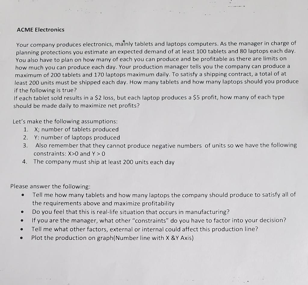 Solved ACME Electronics Your company produces electronics, | Chegg.com