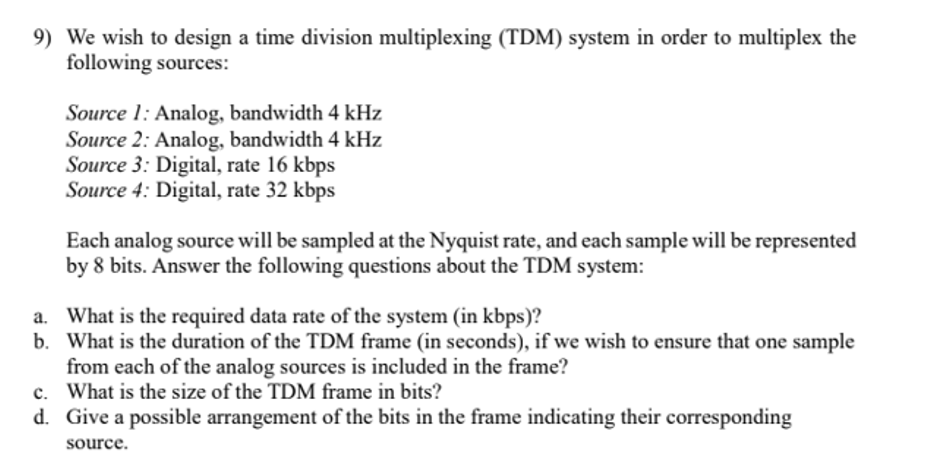 Solved 9) We wish to design a time division multiplexing | Chegg.com
