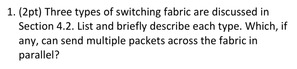 Solved 1. (2pt) Three types of switching fabric are | Chegg.com