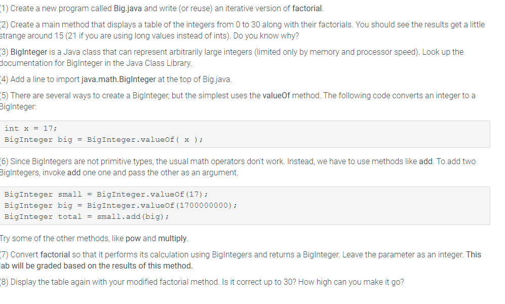 Solved (1) Create a new program called Big.java and write | Chegg.com