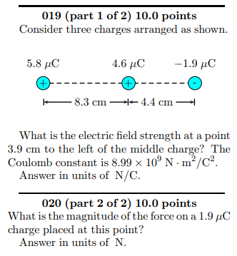 Solved 019 (part 1 of 2) 10.0 points Consider three charges | Chegg.com