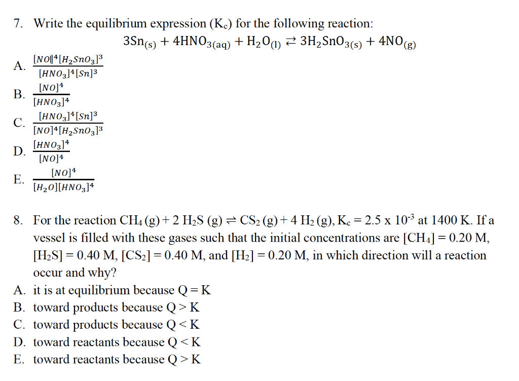 Solved 7. Write the equilibrium expression (Kc) for the | Chegg.com