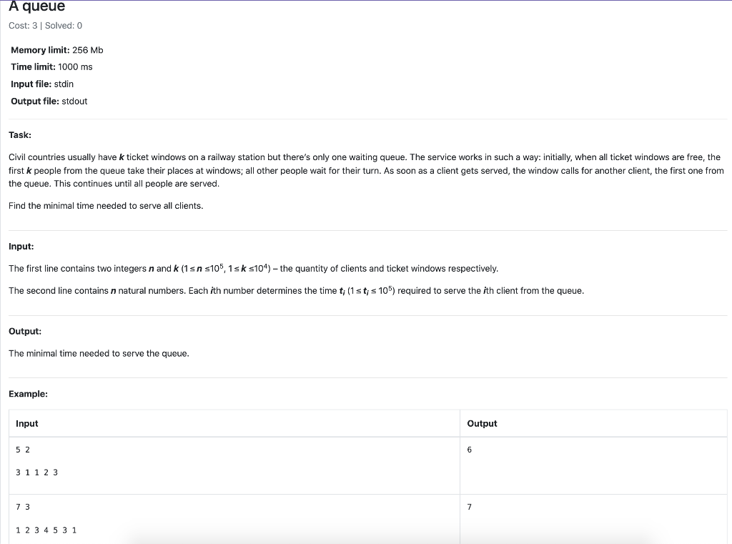 Solved A queue Cost: 3 | Solved: 0 Memory limit: 256 Mb Time | Chegg.com