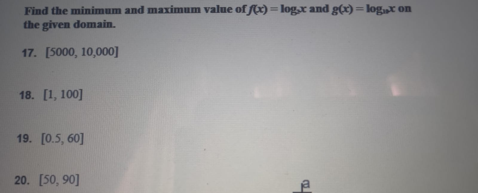 Solved Find the minimum and maximum value of f(x) = log2x | Chegg.com
