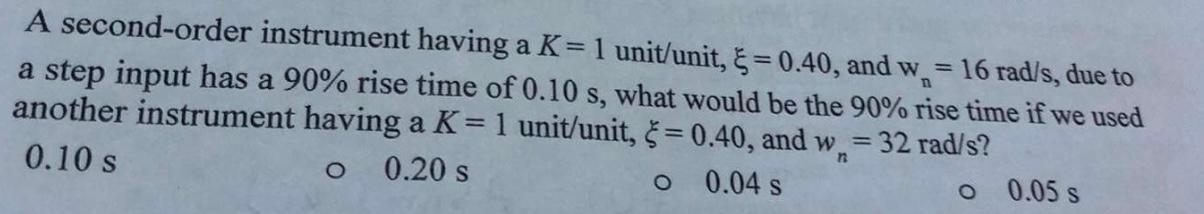 Solved A second-order instrument having a K=1 unit/unit, | Chegg.com