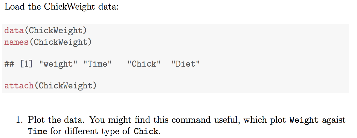 Load the ChickWeight data: data (ChickWeight) names | Chegg.com