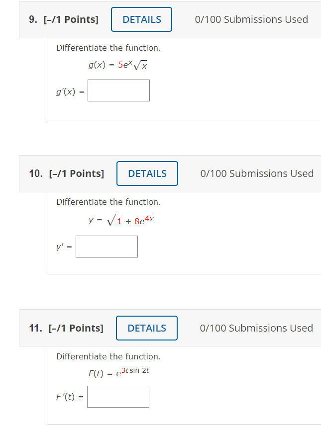 Solved 9. [-/1 Points] 0/100 Submissions Used Differentiate | Chegg.com