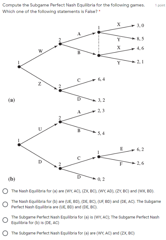 Solved 1 point Compute the Subgame Perfect Nash Equilibria | Chegg.com