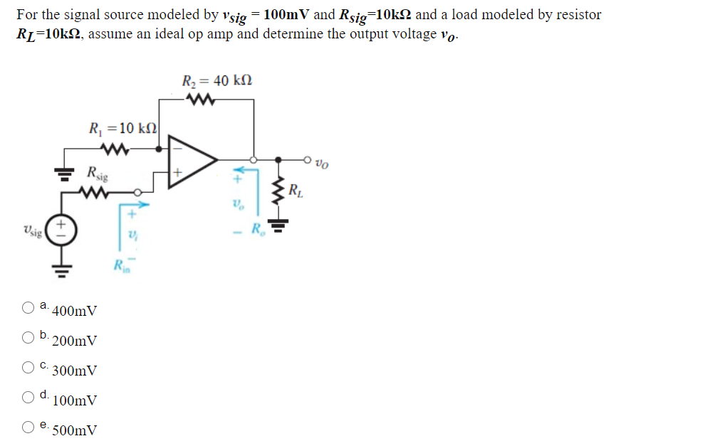 Solved For the signal source modeled by Vsig = 100mV and | Chegg.com