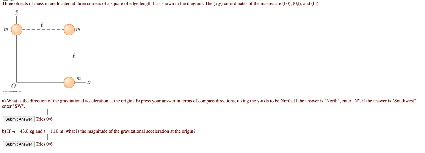 Solved Three objects of mass m are located at three corners | Chegg.com