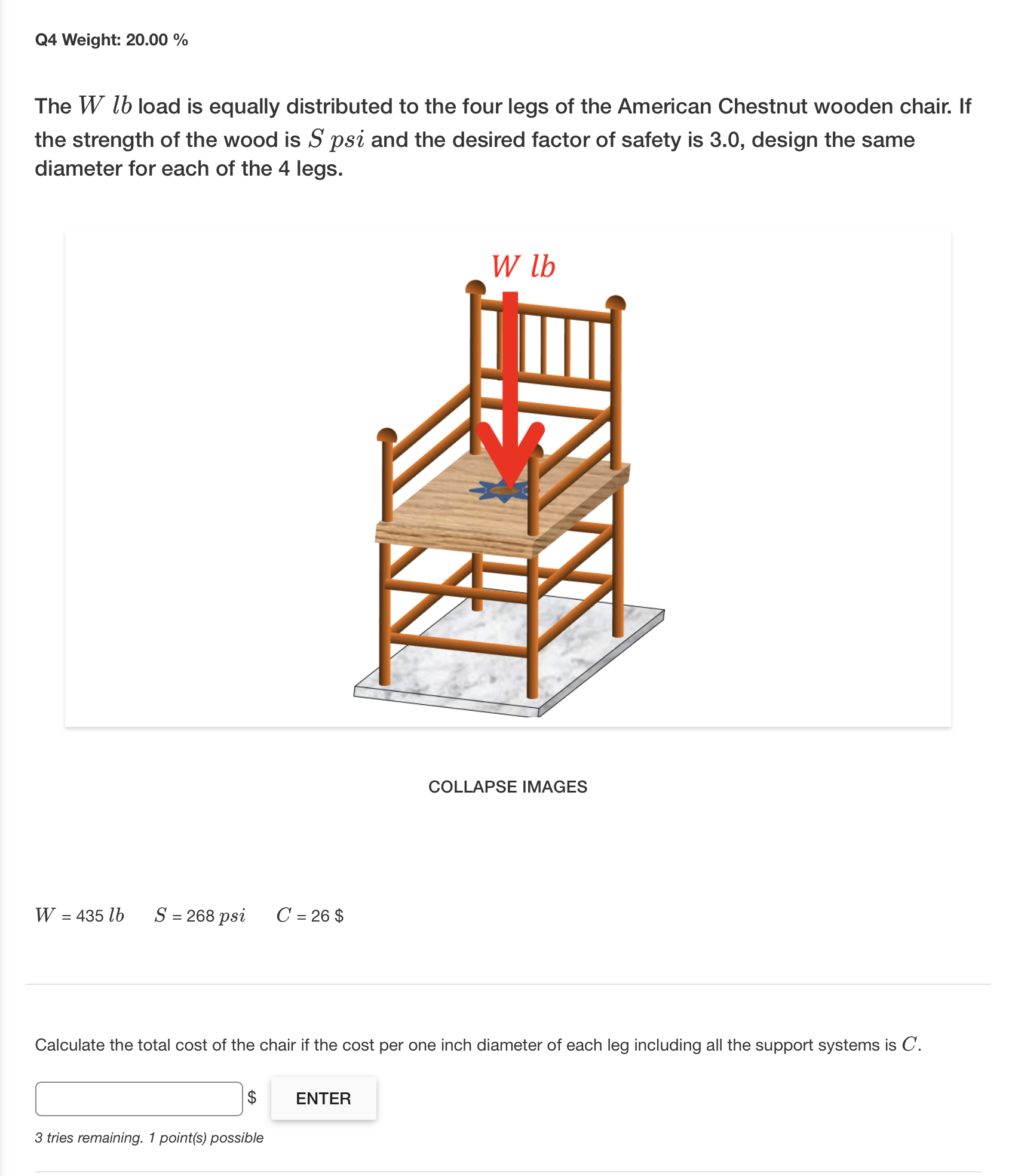 Solved The Wlb load is equally distributed to the four legs | Chegg.com
