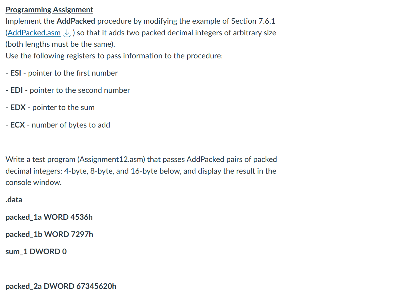 Solved Programming Assignment Implement the AddPacked | Chegg.com