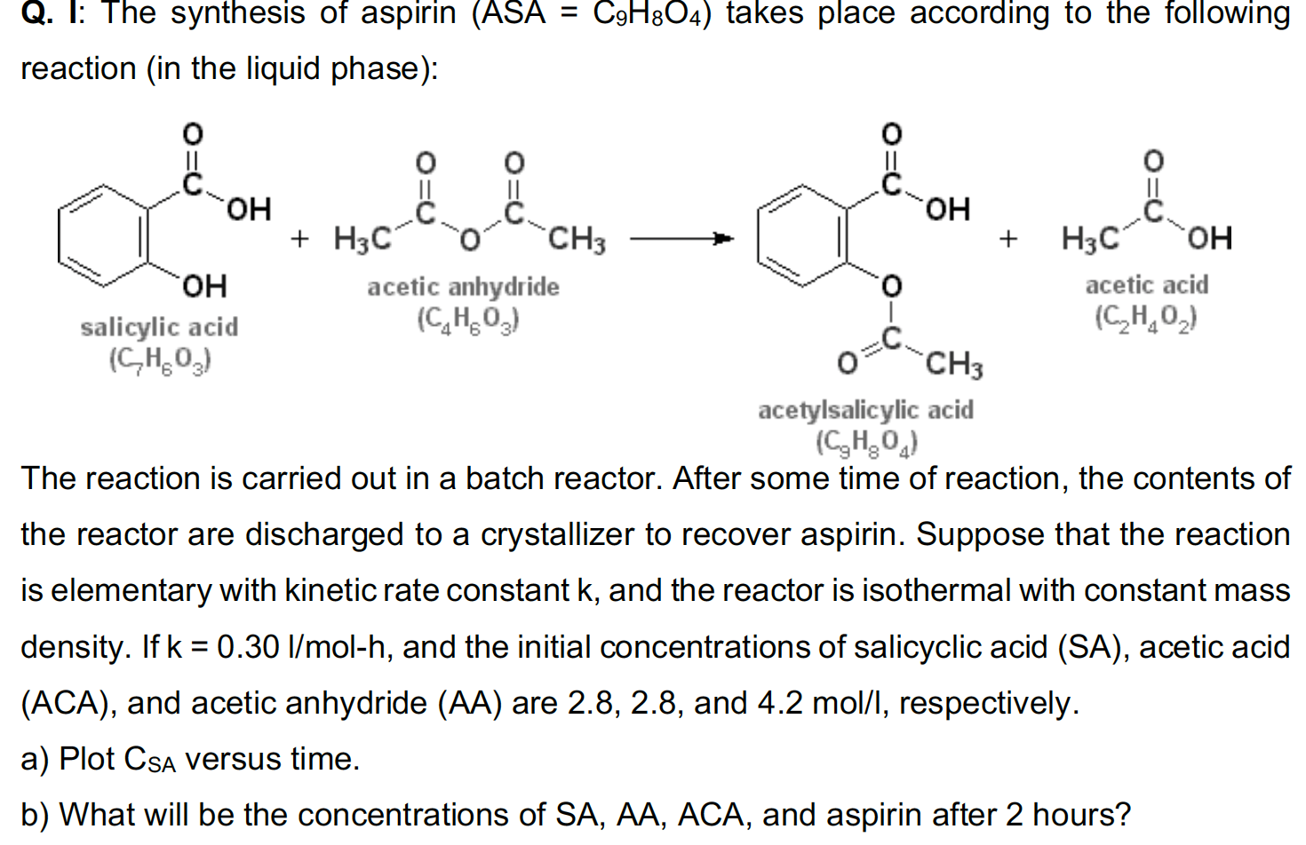 Solved Q. ﻿I: The synthesis of aspirin (ASA=C9H8O4) ﻿takes | Chegg.com