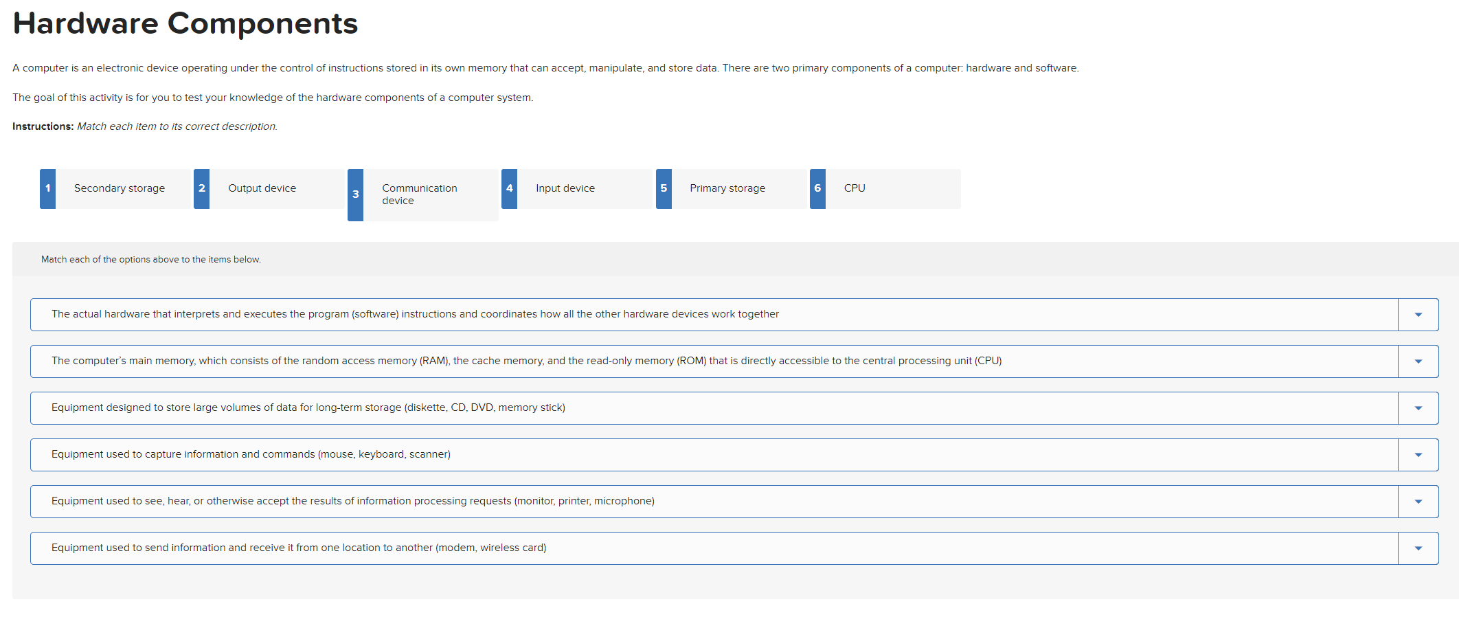 Solved Hardware Components A computer is an electronic | Chegg.com