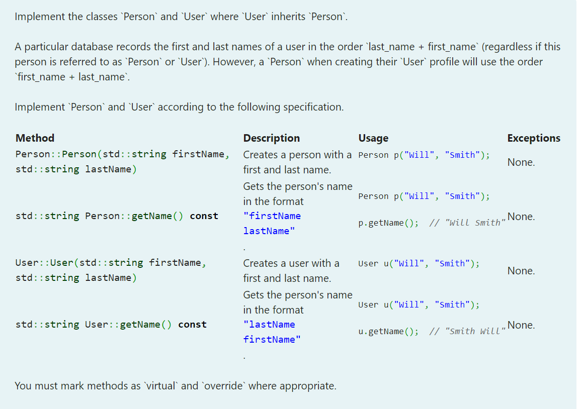 Solved Implement the classes 'Person' and 'User' where | Chegg.com